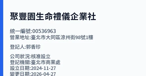 聚豐園生命禮儀企業社的照片-統編 00536963(臺北市) 公司登記資料與營業項目詳細圖表