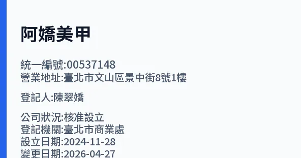 阿嬌美甲的照片-統編 00537148(臺北市) 公司登記資料與營業項目詳細圖表