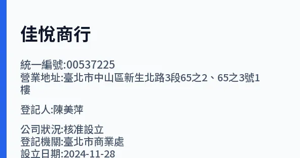 佳悅商行的照片-統編 00537225(臺北市) 公司登記資料與營業項目詳細圖表
