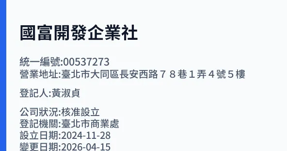 國富開發企業社的照片-統編 00537273(臺北市) 公司登記資料與營業項目詳細圖表