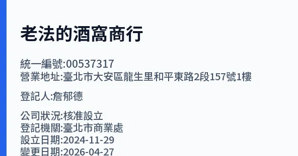 老法的酒窩商行的照片-統編 00537317(臺北市) 公司登記資料與營業項目詳細圖表