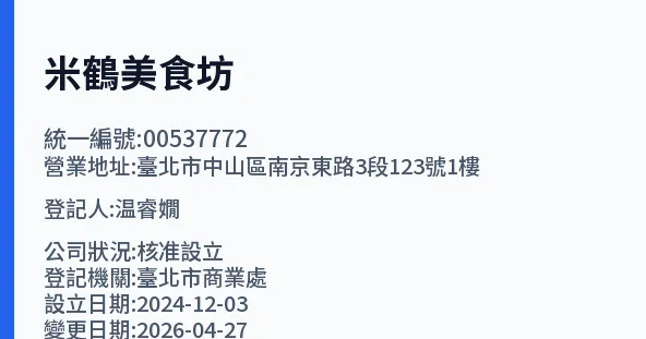 米鶴美食坊的照片-統編 00537772(臺北市) 公司登記資料與營業項目詳細圖表