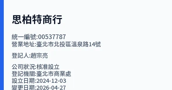 思柏特商行的照片-統編 00537787(臺北市) 公司登記資料與營業項目詳細圖表