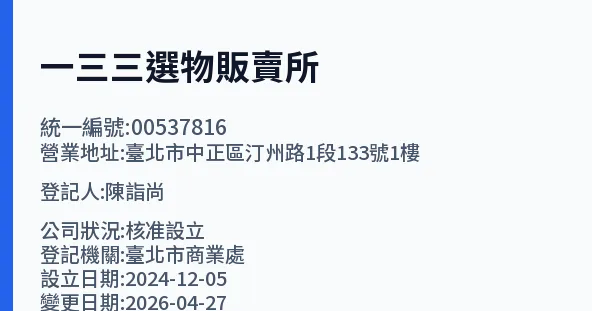 一三三選物販賣所的照片-統編 00537816(臺北市) 公司登記資料與營業項目詳細圖表