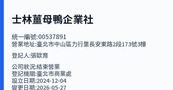 士林薑母鴨企業社的照片-統編 00537891(臺北市) 公司登記資料與營業項目詳細圖表