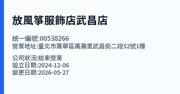 放風箏服飾店武昌店的照片-統編 00538266(臺北市) 公司登記資料與營業項目詳細圖表