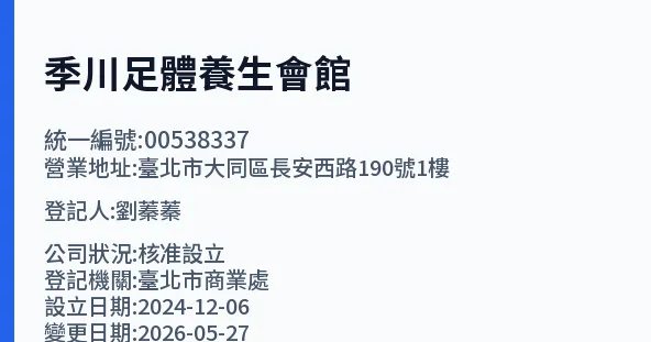 季川足體養生會館的照片-統編 00538337(臺北市) 公司登記資料與營業項目詳細圖表