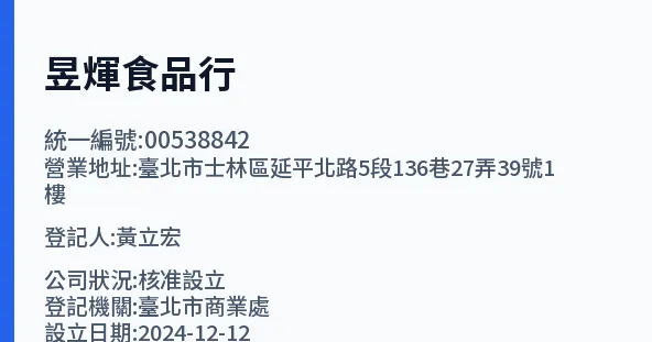 昱煇食品行的照片-統編 00538842(臺北市) 公司登記資料與營業項目詳細圖表