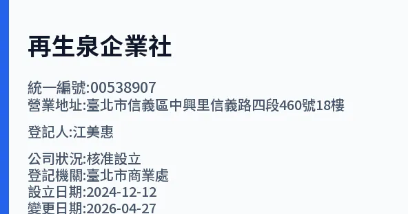 再生泉企業社的照片-統編 00538907(臺北市) 公司登記資料與營業項目詳細圖表