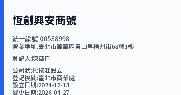 恆創興安商號的照片-統編 00538998(臺北市) 公司登記資料與營業項目詳細圖表