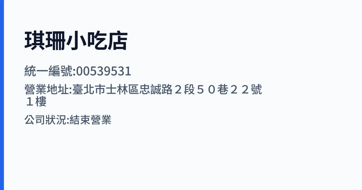 琪珊小吃店 - 統編 00539531(臺北市) 公司登記資料與營業項目詳細圖表