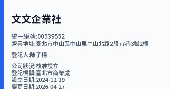 文文企業社的照片-統編 00539552(臺北市) 公司登記資料與營業項目詳細圖表