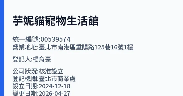 芋妮貓寵物生活館的照片-統編 00539574(臺北市) 公司登記資料與營業項目詳細圖表