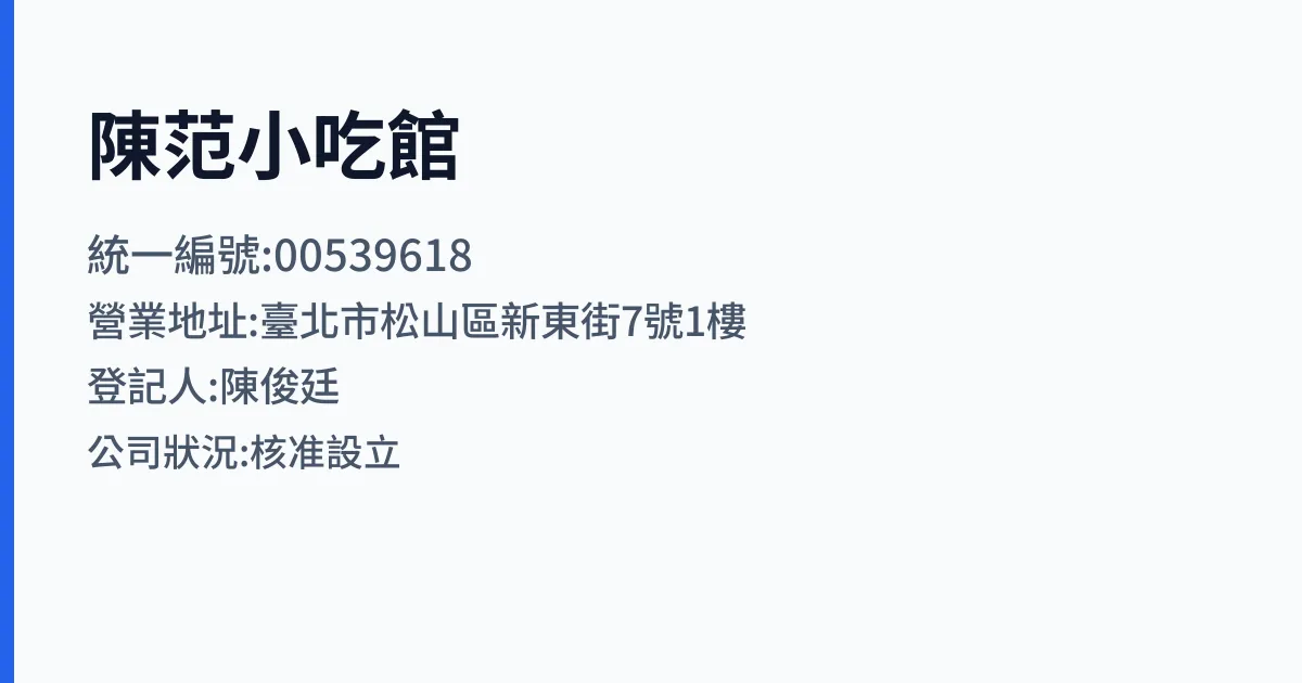 陳范小吃館 - 統編 00539618(臺北市) 公司登記資料與營業項目詳細圖表