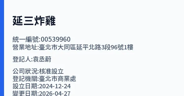 延三炸雞的照片-統編 00539960(臺北市) 公司登記資料與營業項目詳細圖表