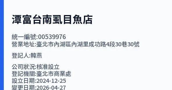 潭富台南虱目魚店的照片-統編 00539976(臺北市) 公司登記資料與營業項目詳細圖表