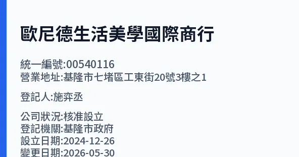歐尼德生活美學國際商行的照片-統編 00540116(基隆市) 公司登記資料與營業項目詳細圖表