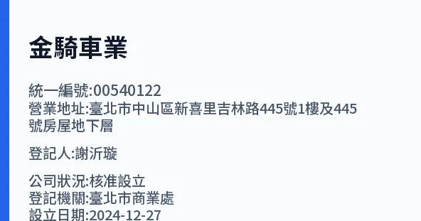金騎車業的照片-統編 00540122(臺北市) 公司登記資料與營業項目詳細圖表