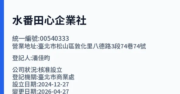 水番田心企業社的照片-統編 00540333(臺北市) 公司登記資料與營業項目詳細圖表