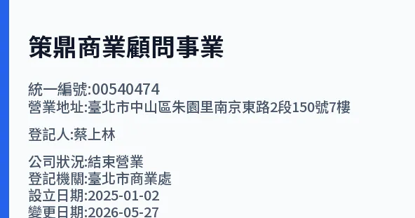 策鼎商業顧問事業的照片-統編 00540474(臺北市) 公司登記資料與營業項目詳細圖表