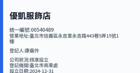 優凱服飾店的照片-統編 00540489(臺北市) 公司登記資料與營業項目詳細圖表