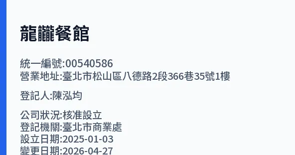 龍龖餐館的照片-統編 00540586(臺北市) 公司登記資料與營業項目詳細圖表