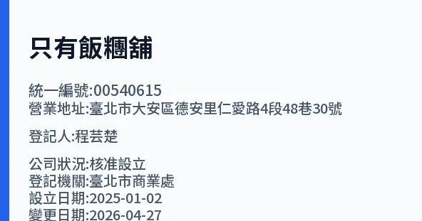 只有飯糰舖的照片-統編 00540615(臺北市) 公司登記資料與營業項目詳細圖表
