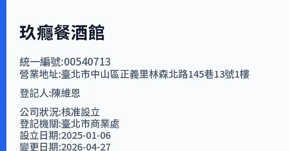 玖癮餐酒館的照片-統編 00540713(臺北市) 公司登記資料與營業項目詳細圖表