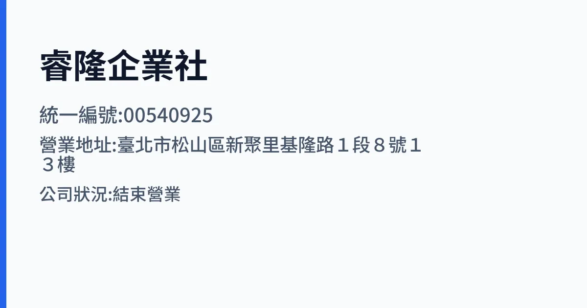 睿隆企業社 - 統編 00540925(臺北市) 公司登記資料與營業項目詳細圖表