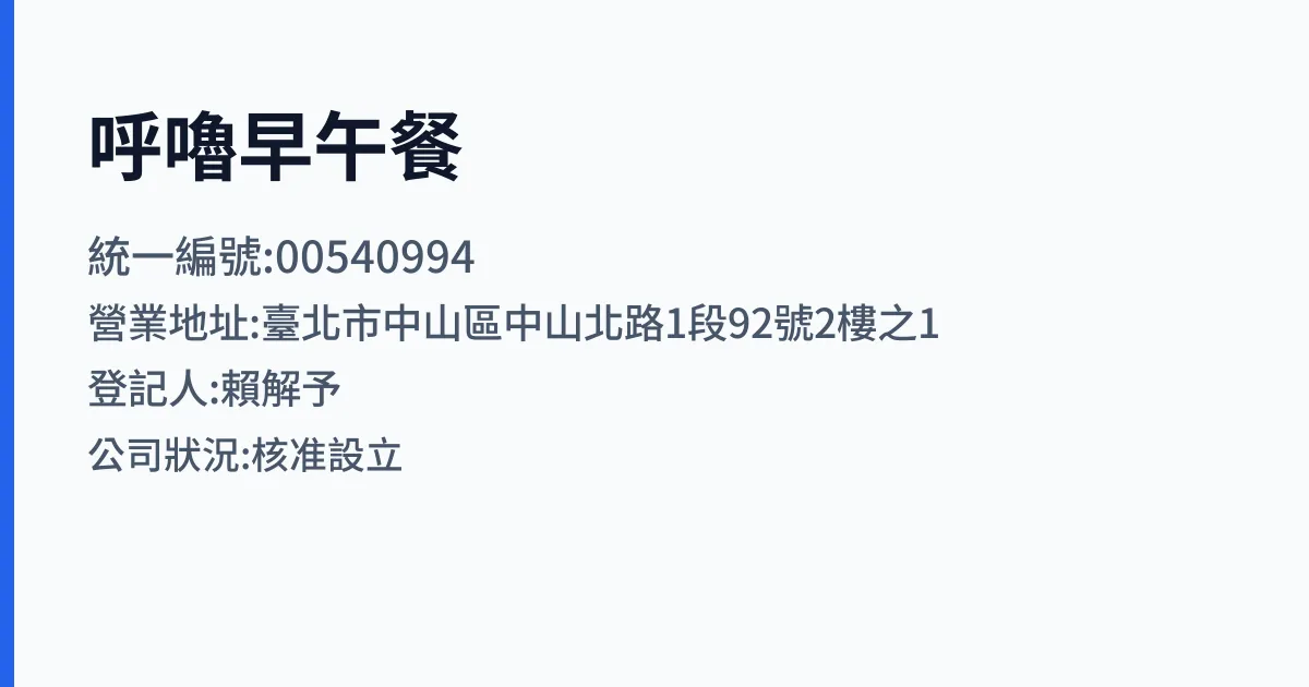呼嚕早午餐 - 統編 00540994(臺北市) 公司登記資料與營業項目詳細圖表