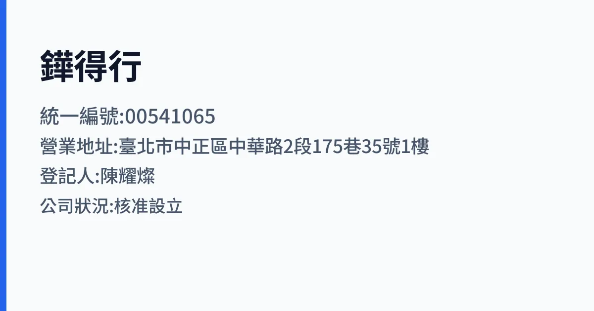 鏵得行 - 統編 00541065(臺北市) 公司登記資料與營業項目詳細圖表