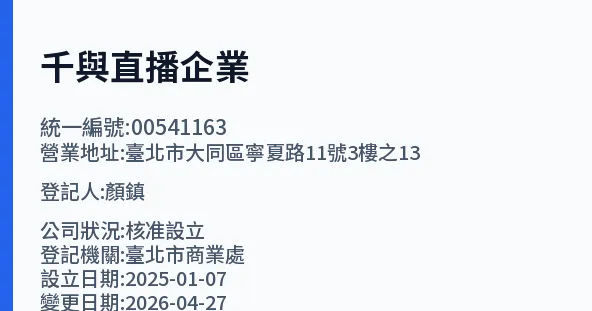 千與直播企業的照片-統編 00541163(臺北市) 公司登記資料與營業項目詳細圖表
