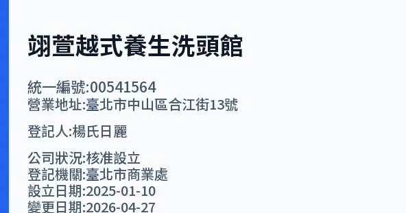 翊萱越式養生洗頭館的照片-統編 00541564(臺北市) 公司登記資料與營業項目詳細圖表