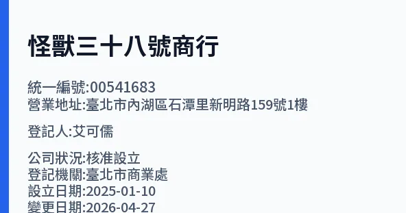 怪獸三十八號商行的照片-統編 00541683(臺北市) 公司登記資料與營業項目詳細圖表