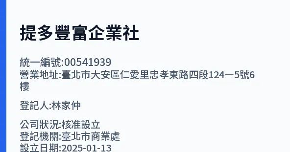 提多豐富企業社的照片-統編 00541939(臺北市) 公司登記資料與營業項目詳細圖表