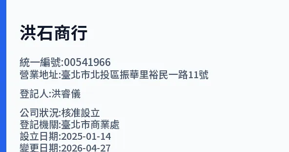 洪石商行的照片-統編 00541966(臺北市) 公司登記資料與營業項目詳細圖表