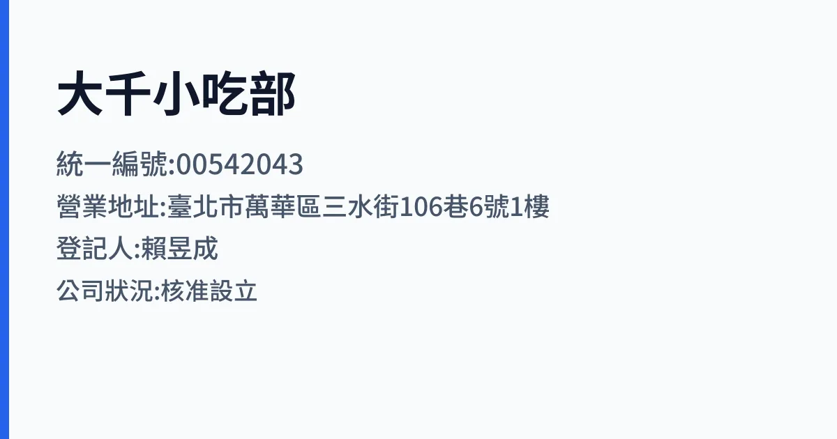 大千小吃部 - 統編 00542043(臺北市) 公司登記資料與營業項目詳細圖表