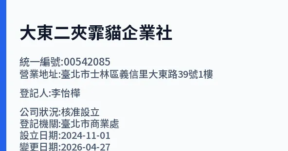 大東二夾霏貓企業社的照片-統編 00542085(臺北市) 公司登記資料與營業項目詳細圖表