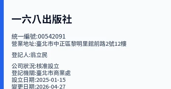 一六八出版社的照片-統編 00542091(臺北市) 公司登記資料與營業項目詳細圖表