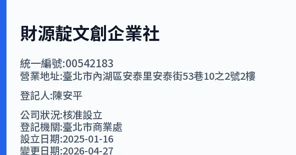 財源靛文創企業社的照片-統編 00542183(臺北市) 公司登記資料與營業項目詳細圖表