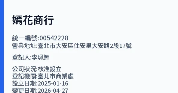 嫣花商行的照片-統編 00542228(臺北市) 公司登記資料與營業項目詳細圖表