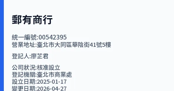 郵有商行的照片-統編 00542395(臺北市) 公司登記資料與營業項目詳細圖表