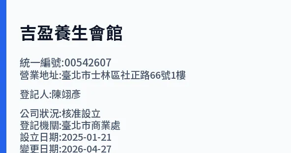 吉盈養生會館的照片-統編 00542607(臺北市) 公司登記資料與營業項目詳細圖表