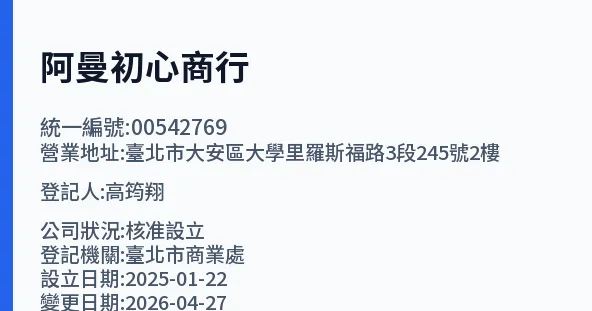 阿曼初心商行的照片-統編 00542769(臺北市) 公司登記資料與營業項目詳細圖表