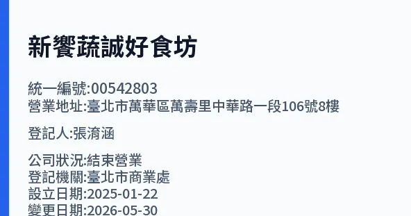 新饗蔬誠好食坊的照片-統編 00542803(臺北市) 公司登記資料與營業項目詳細圖表