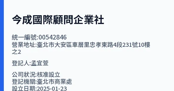 今成國際顧問企業社的照片-統編 00542846(臺北市) 公司登記資料與營業項目詳細圖表