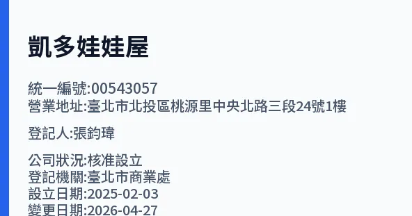 凱多娃娃屋的照片-統編 00543057(臺北市) 公司登記資料與營業項目詳細圖表