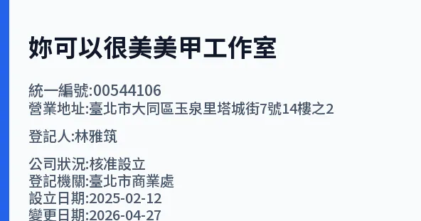 妳可以很美美甲工作室的照片-統編 00544106(臺北市) 公司登記資料與營業項目詳細圖表