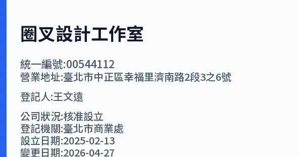 圈叉設計工作室的照片-統編 00544112(臺北市) 公司登記資料與營業項目詳細圖表