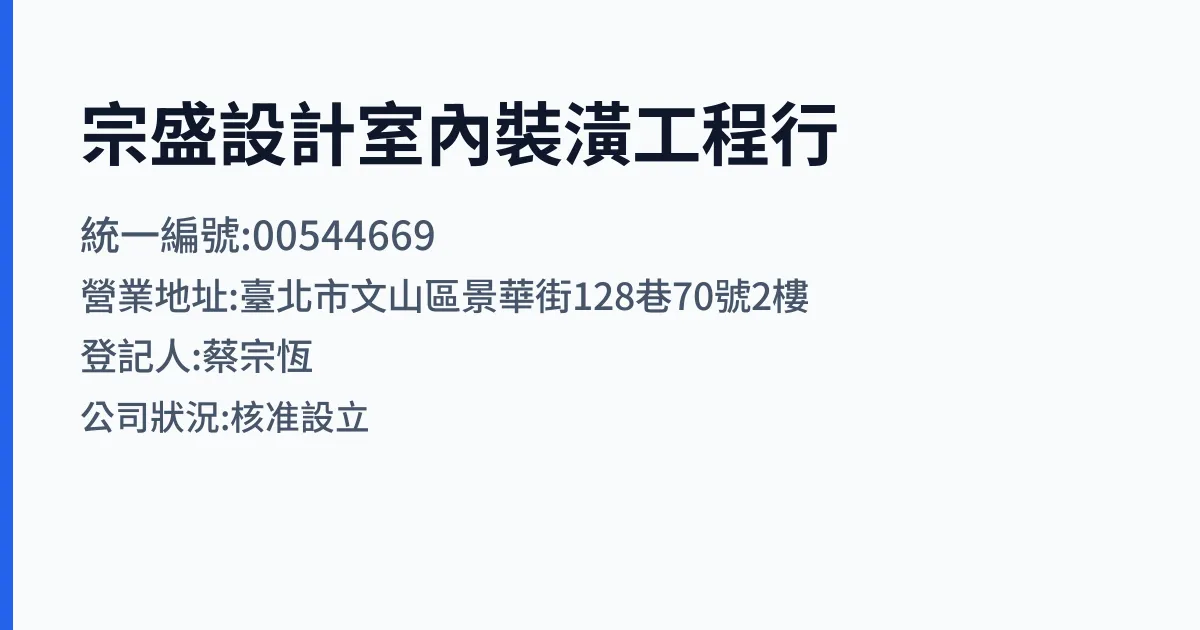 宗盛設計室內裝潢工程行 - 統編 00544669(臺北市) 公司登記資料與營業項目詳細圖表